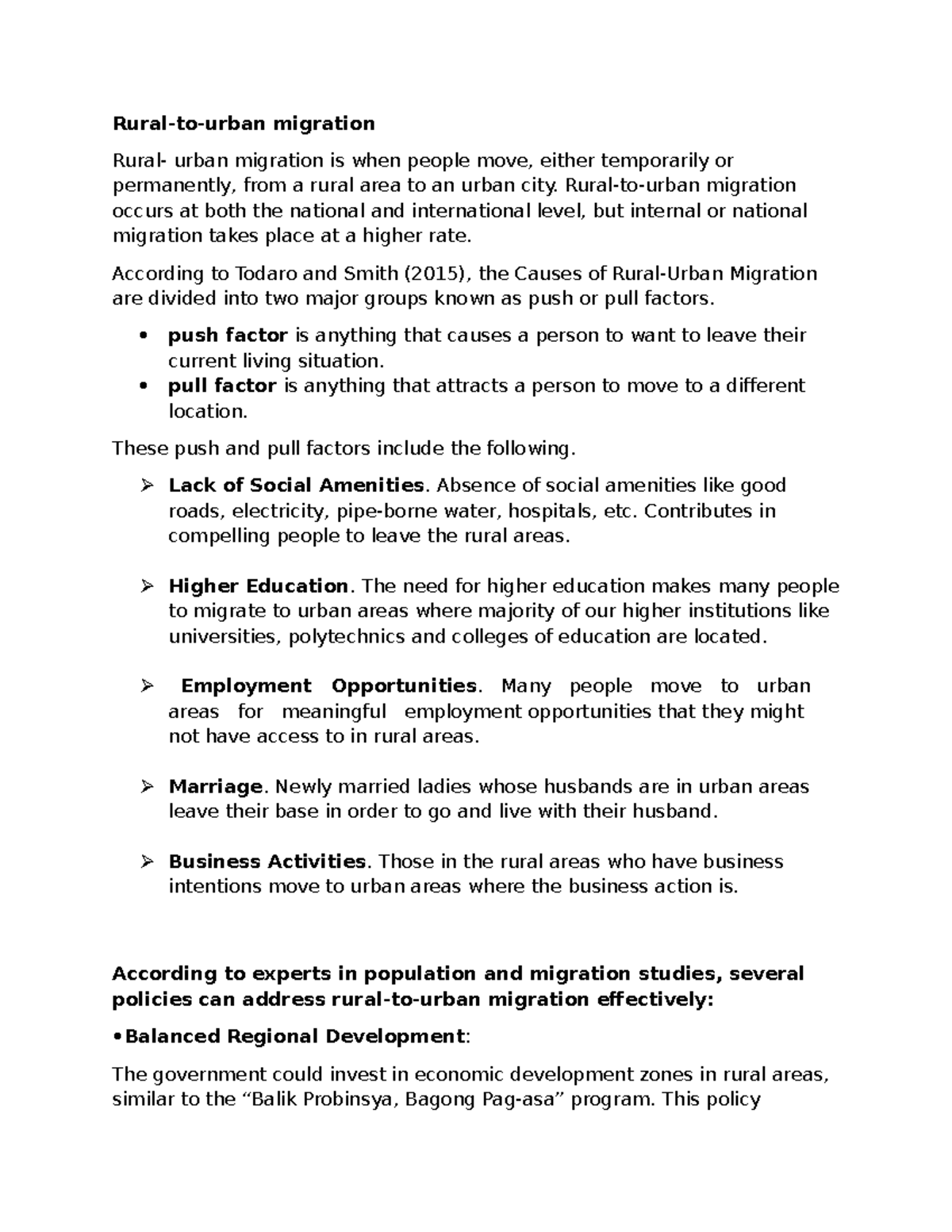 Rural Urban Migration - This will help you to have a lecture notes ...