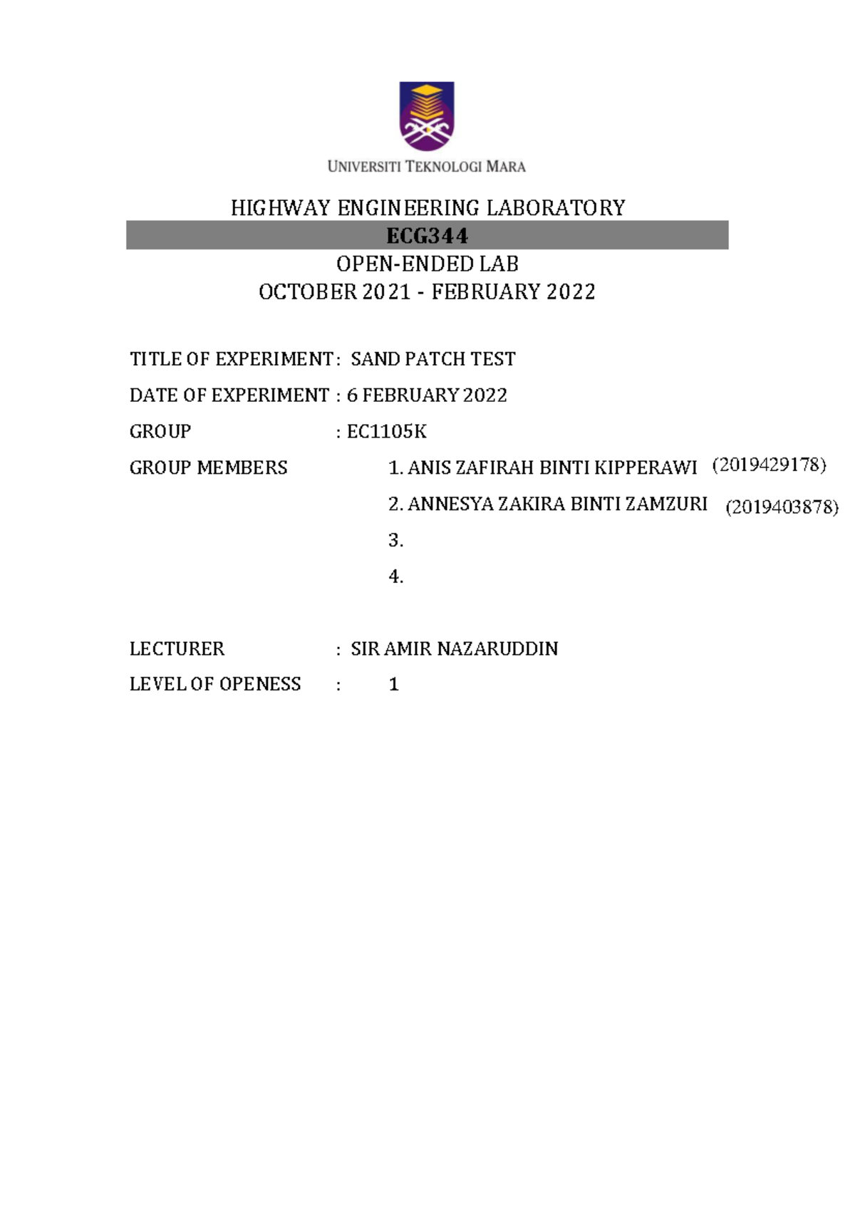ECG1105K Lab Report: Sand Patch Test Analysis (Jan-Feb 2022) - Studocu