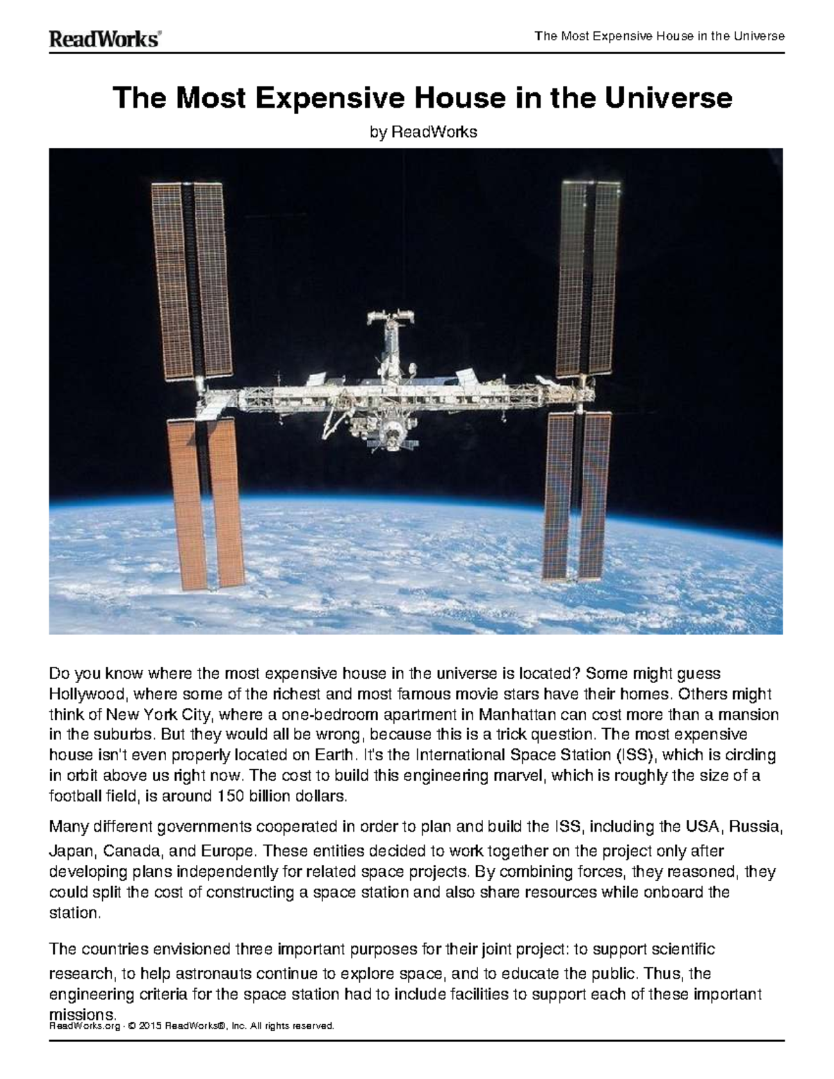 ReadWorks: The Most Expensive House in the Universe - ISS Overview ...