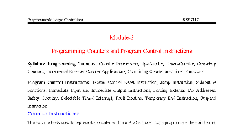 Programmable Logic Controllers BEE741C: Counters & Control Instructions ...