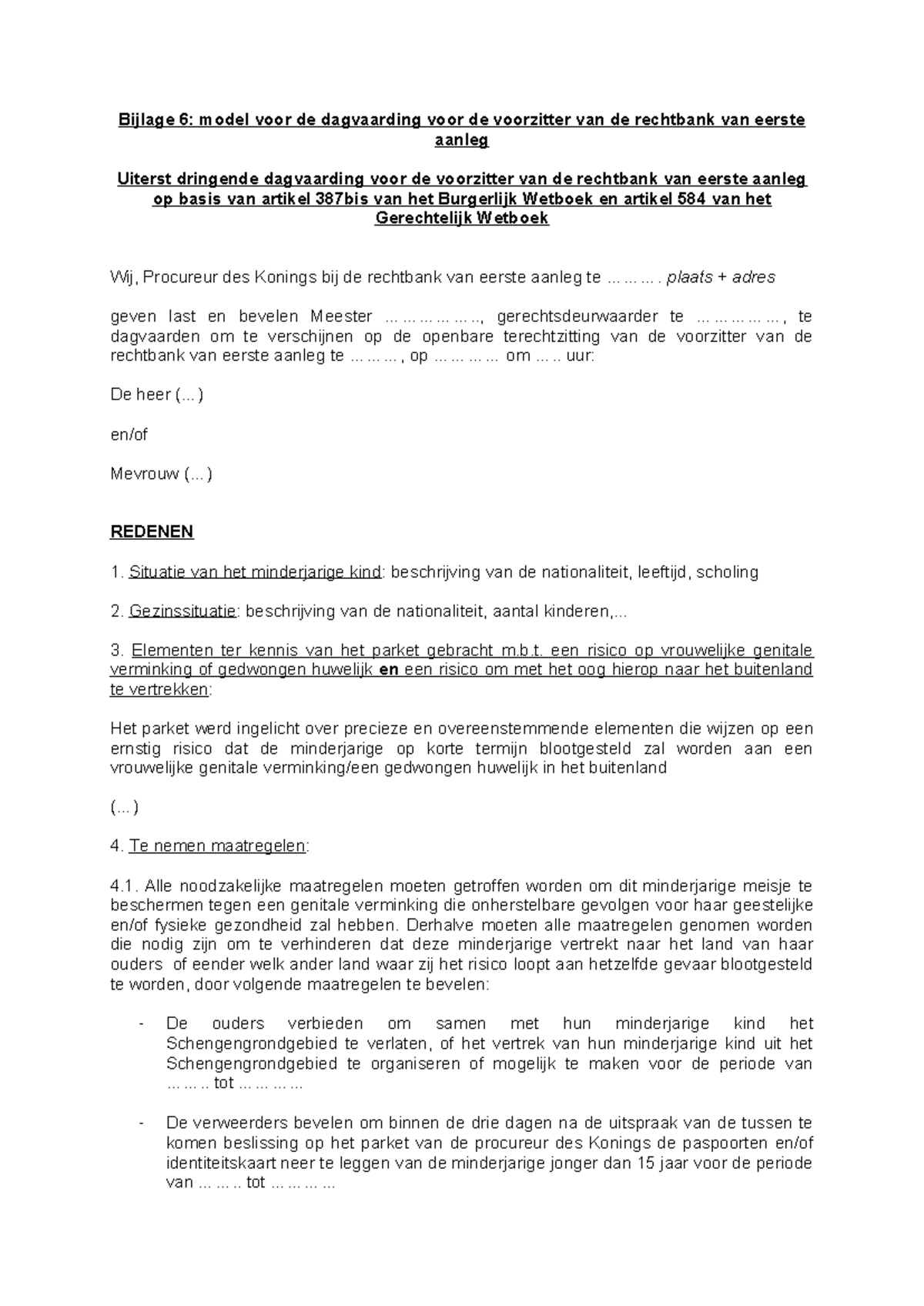 Model Dagvaarding voor de Voorzitter van de Rechtbank (Urgent) - Studocu