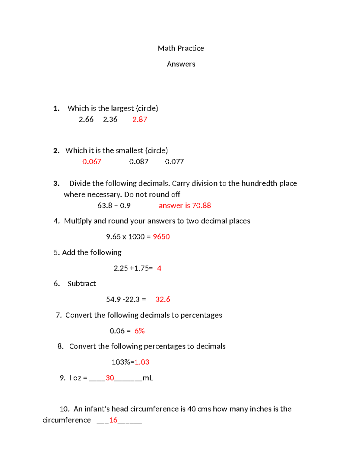 Math Practice Answers: Decimals, Conversions & Calculations - Studocu