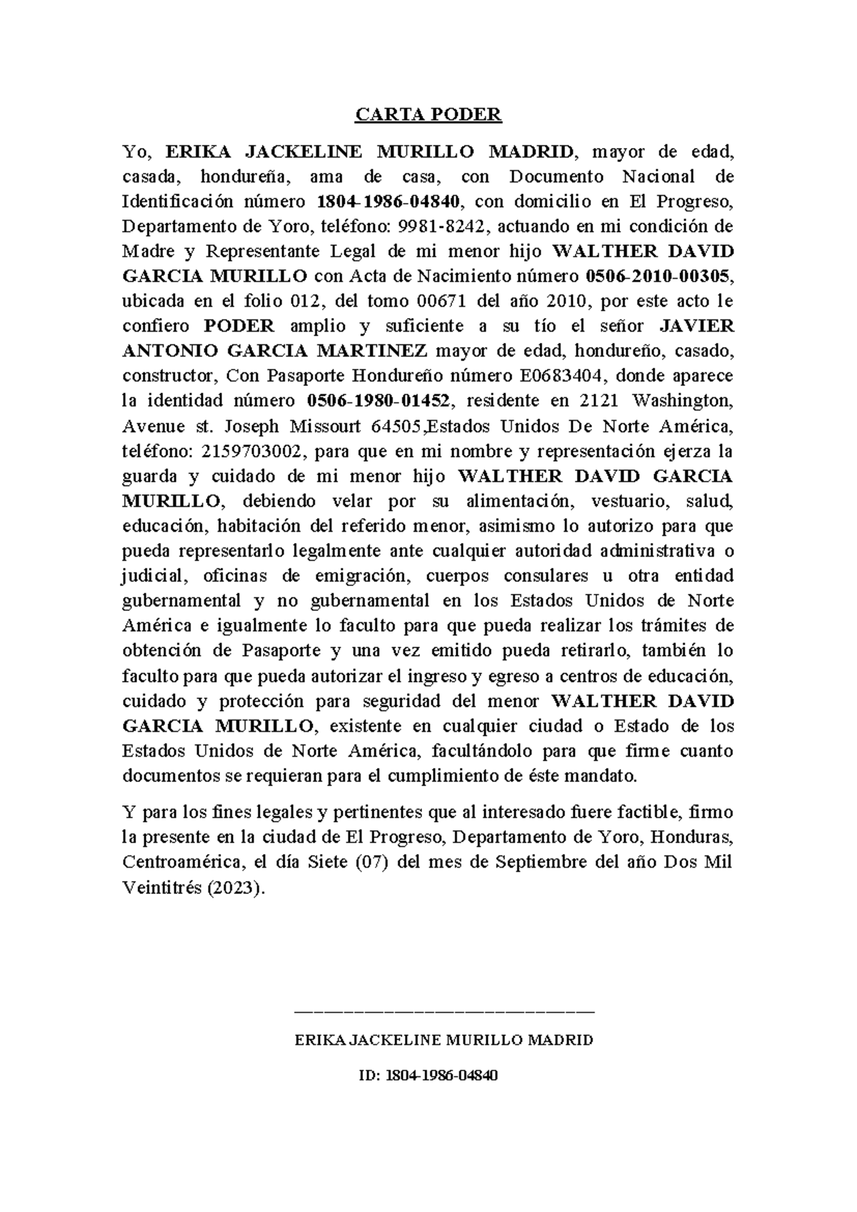 Carta Poder para Custodia de WALTHER DAVID GARCIA MURILLO - Studocu