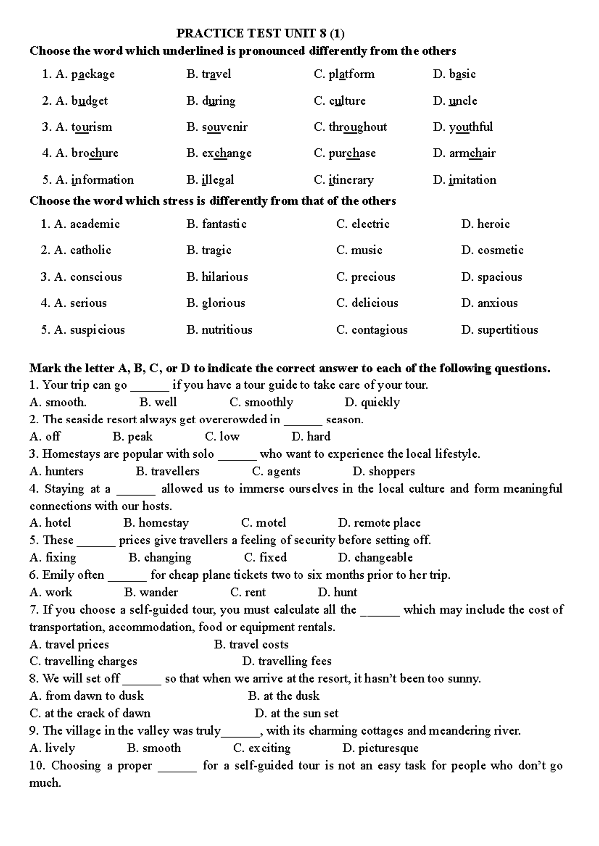 PRACTICE TEST UNIT 8: Pronunciation and Stress Exercises for Ages 13-15 ...