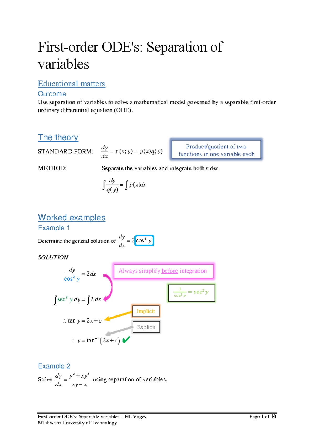 Separation of Variables: Solving Separable ODEs (Course Code: 1 2 ...