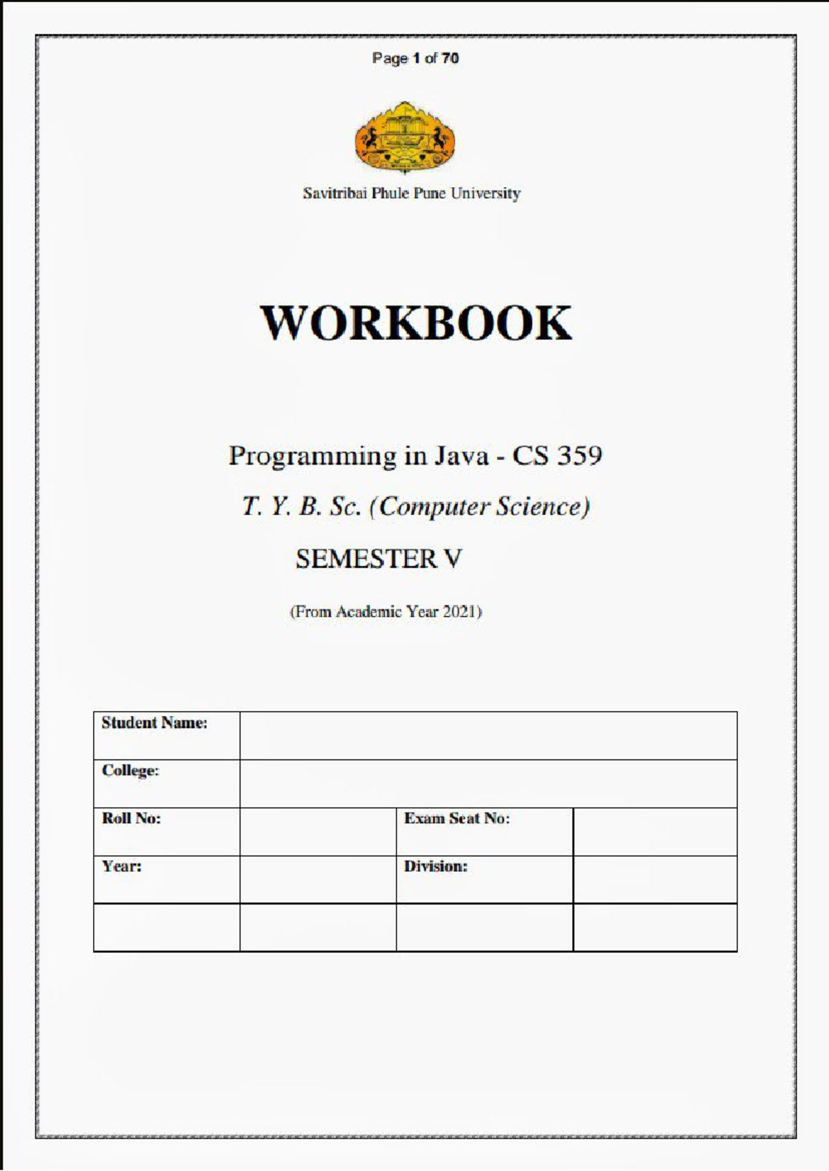 CS 359 Workbook: Programming in Java for T.Y. B.Sc. Semester V - Studocu
