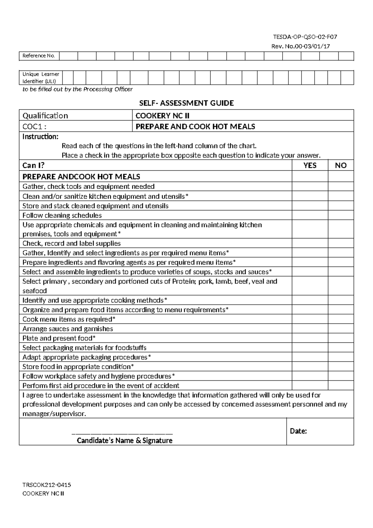 Assessment Guide: Cookery NC II - Prepare & Cook Hot/Cold Meals - Studocu