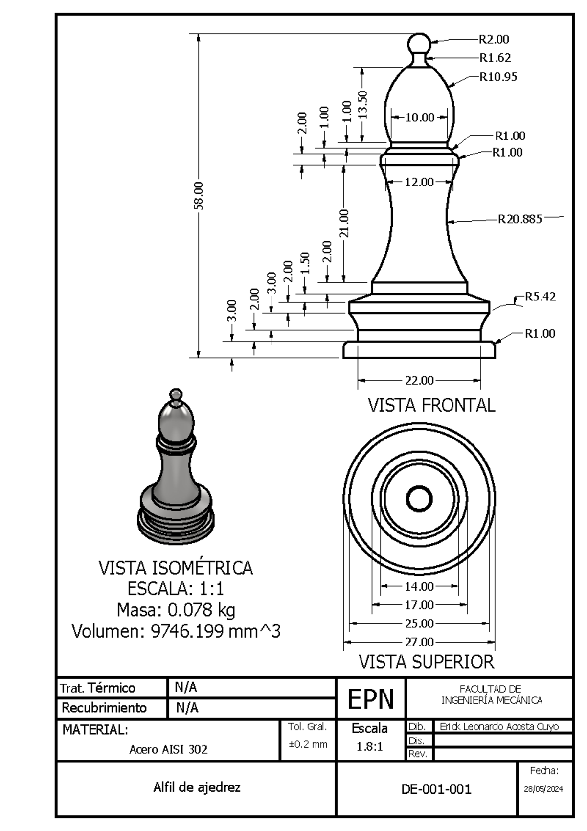 Plano de alfil de ajedrez modelado en 3d en inventor - VISTA FRONTAL ...