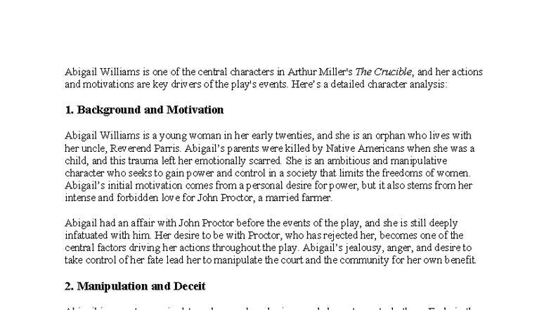 Character Analysis of Abigail Williams in The Crucible (ENG 101) - Studocu