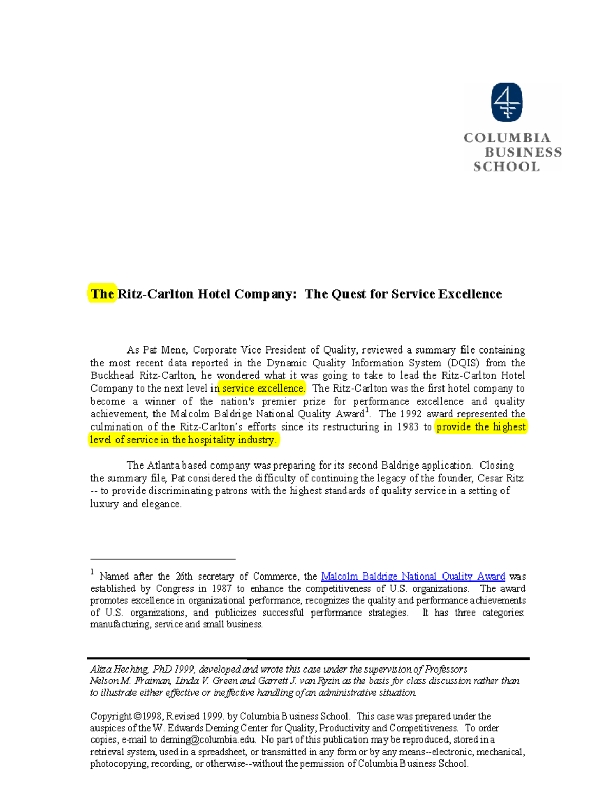 Ritz-Carlton Case Study (OM 2003): Pursuing Service Excellence in ...