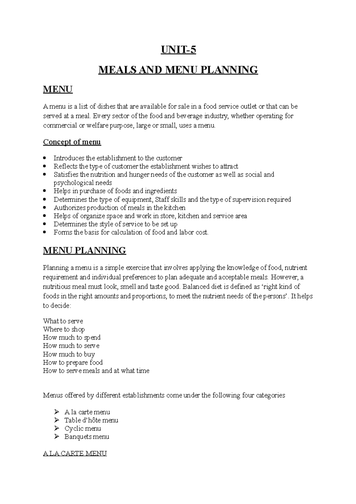 Lecture Notes on F&B Service: Meals & Menu Planning (F&B 101) - Studocu
