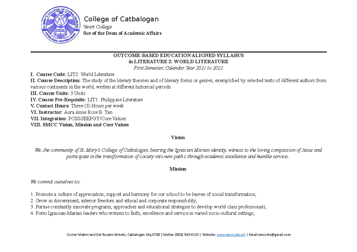 LIT2: World Literature Syllabus for First Semester 2021-2022 - Studocu