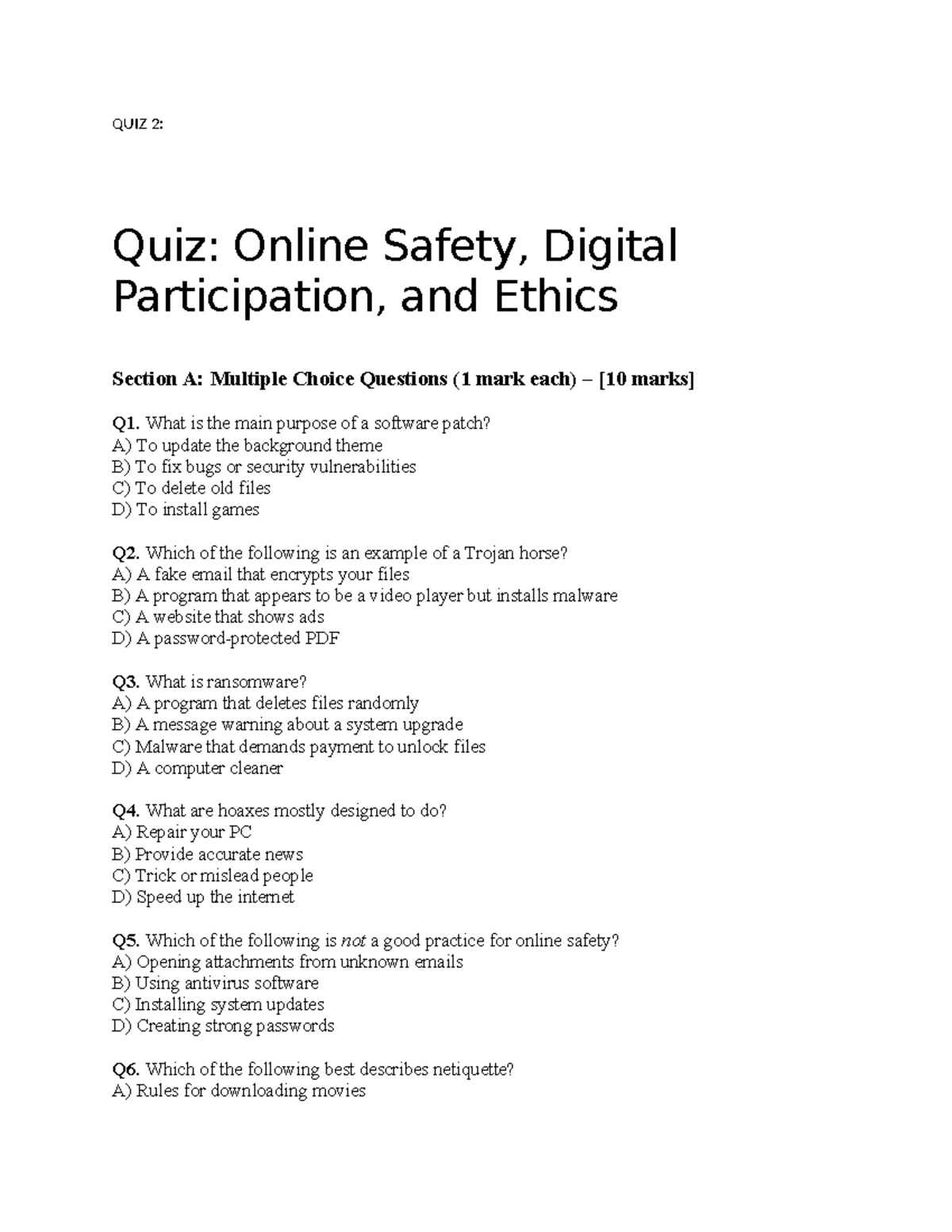 C QUIZ 2: Online Safety, Digital Participation, and Ethics - Studocu