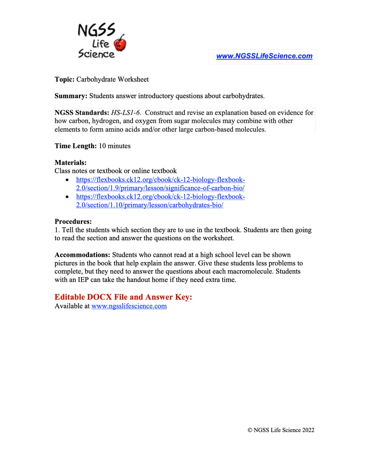 NGSS Life Science: Carbohydrate Worksheet for Introductory Learning ...