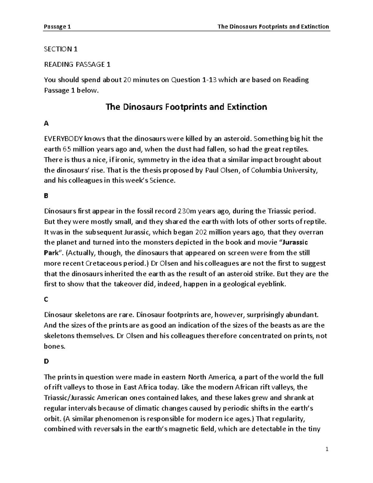 Dinosaurs' Footprints and Extinction: Insights from Passage 1 (Course ...