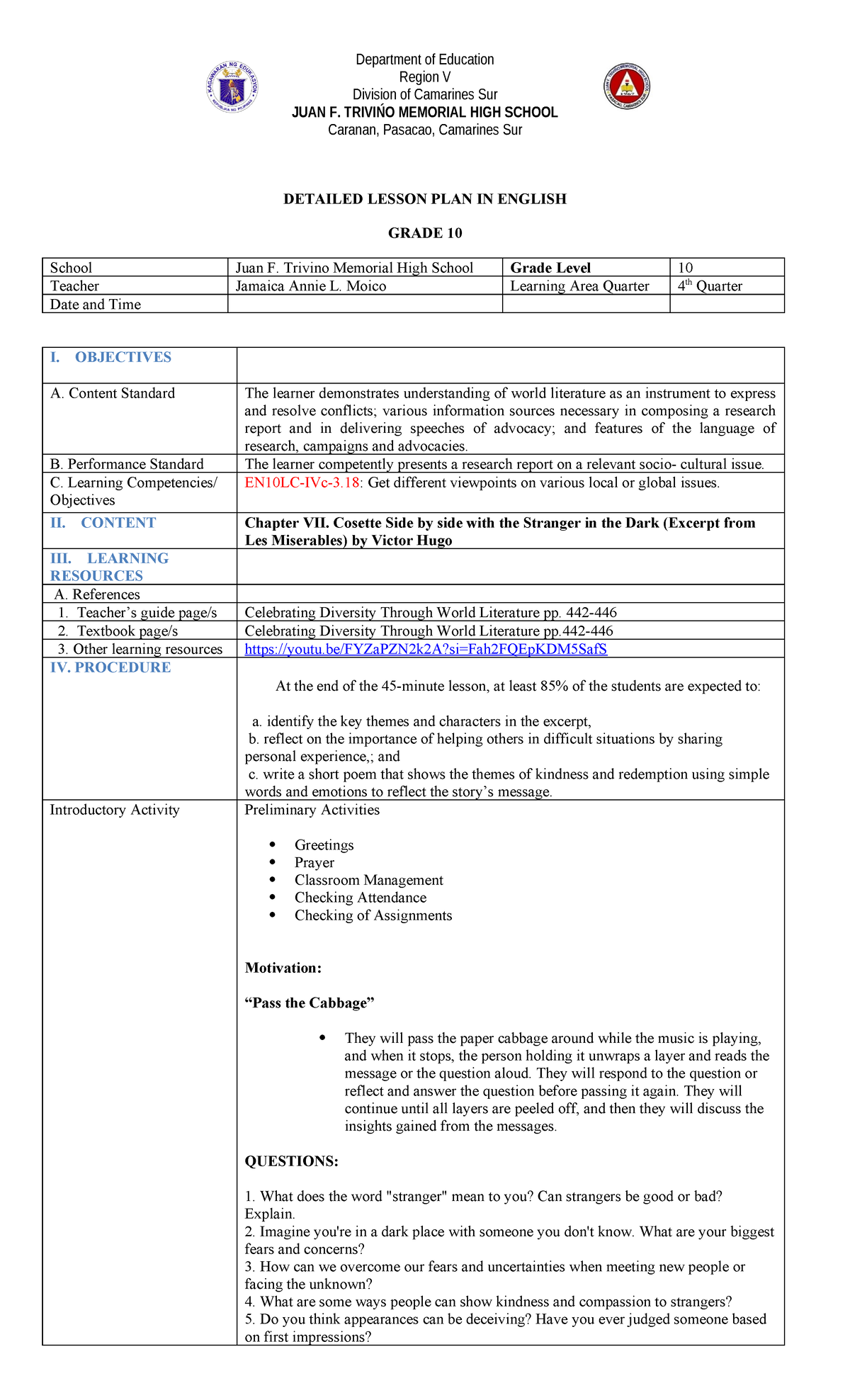 Detailed Lesson Plan in English 10: Exploring Les Miserables Excerpt ...