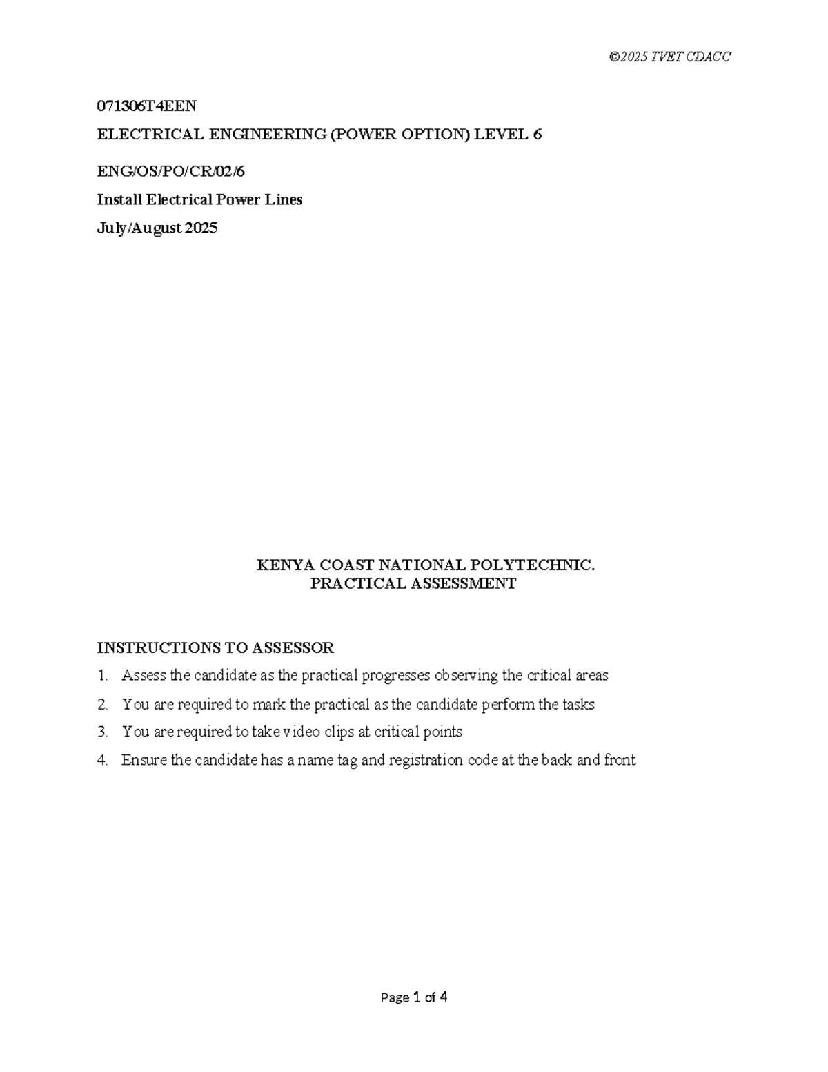 TVET CDACC 071306T4EEN Level 6 Practical Assessment Checklist for ...