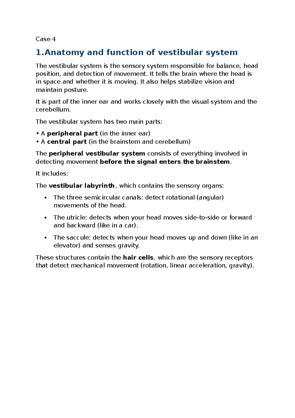 Case Study 4: Anatomy & Function of the Vestibular System (BBS1004 ...