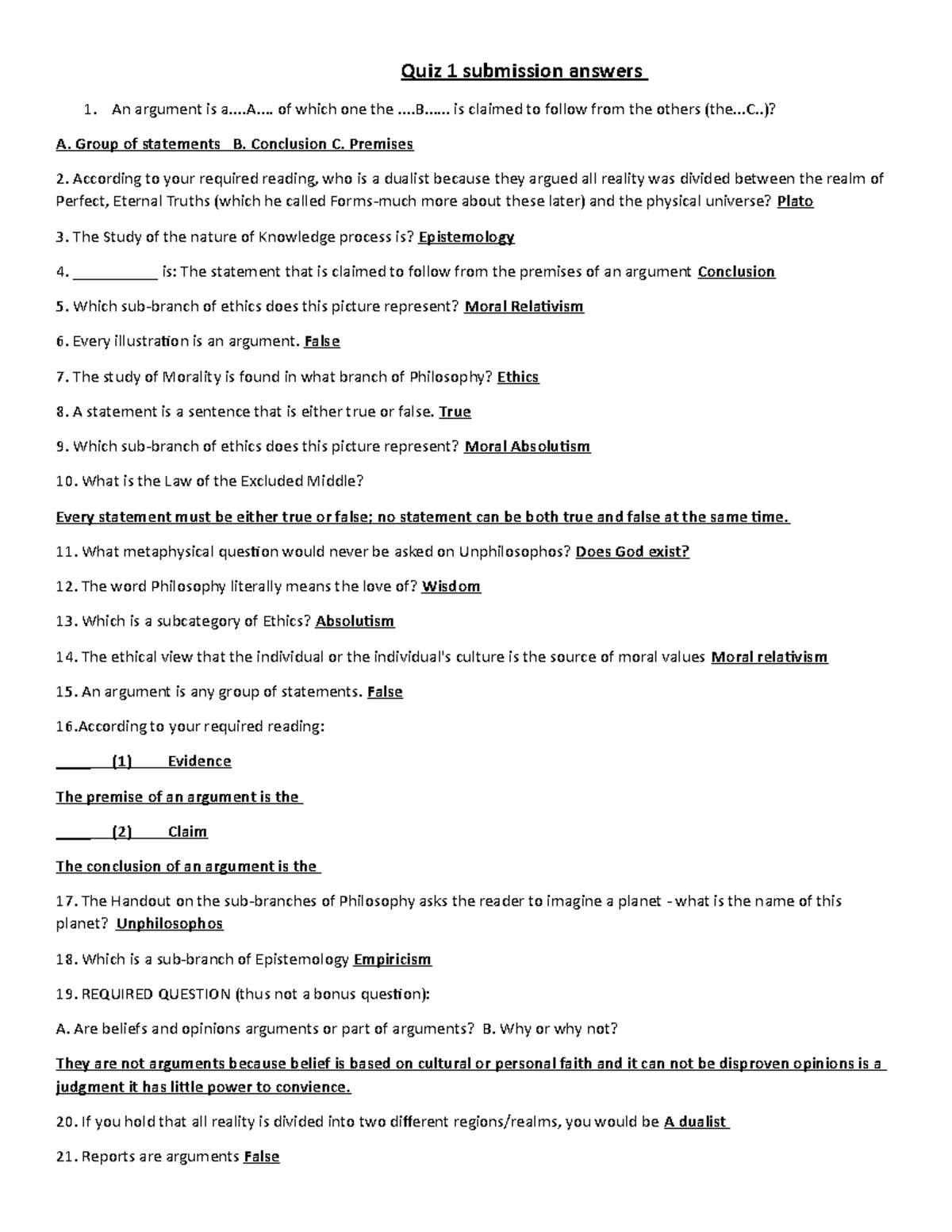 Quiz 1 Answers for Introduction to Philosophy PHIL 1301 - Studocu