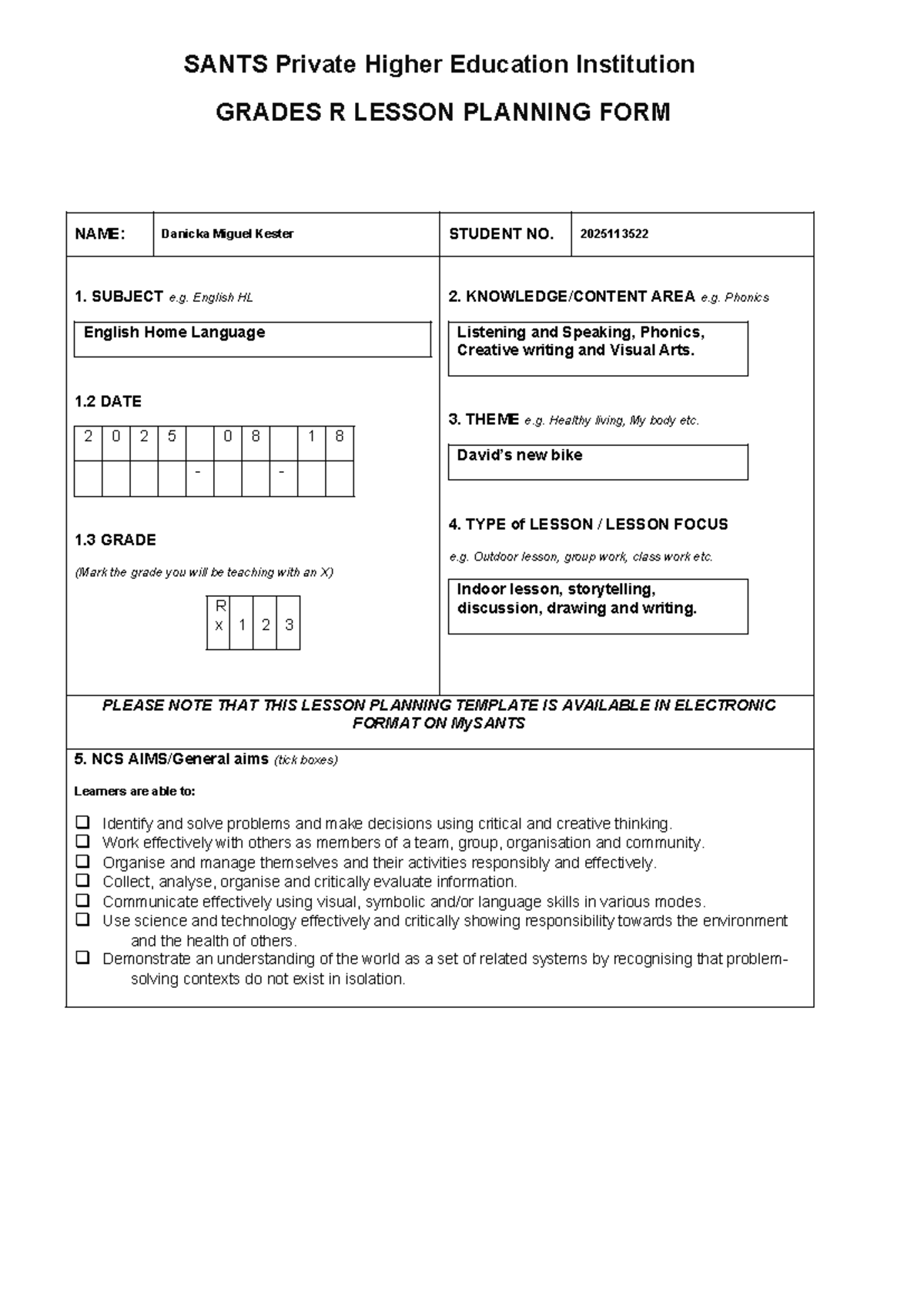 R-WIL 101 Lesson Planning: Grade R - New Bike Theme - Studocu