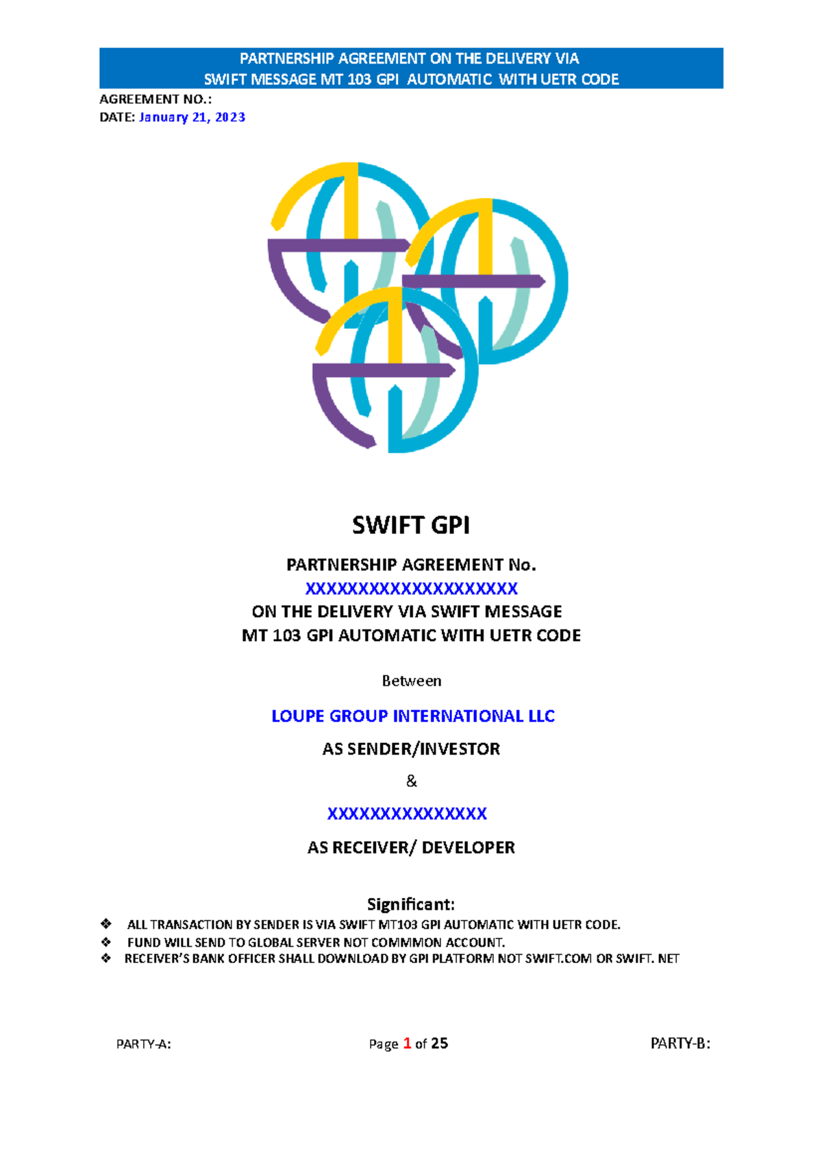 1-Draft Agreement GPI Automatic BPU - SWIFT MESSAGE MT 103 GPI ...