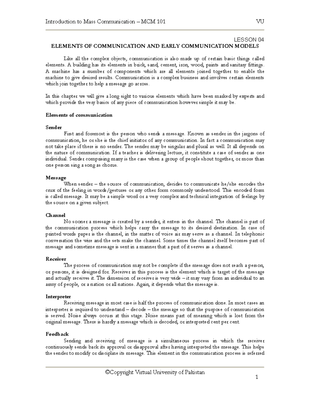 Lesson 04: Elements of Communication & Early Models - MCM 101 VU - Studocu