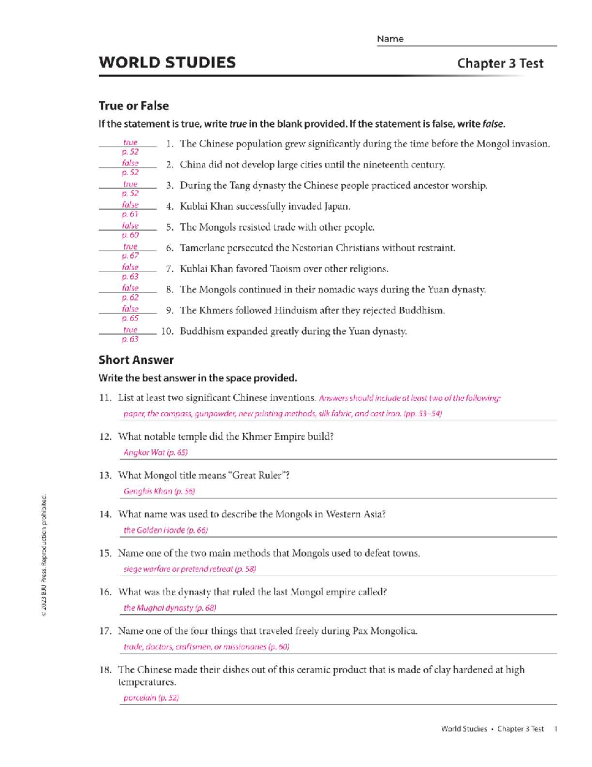 WORLD STUDIES Ch03 Test Answer Key: True/False & Short Answer - Studocu