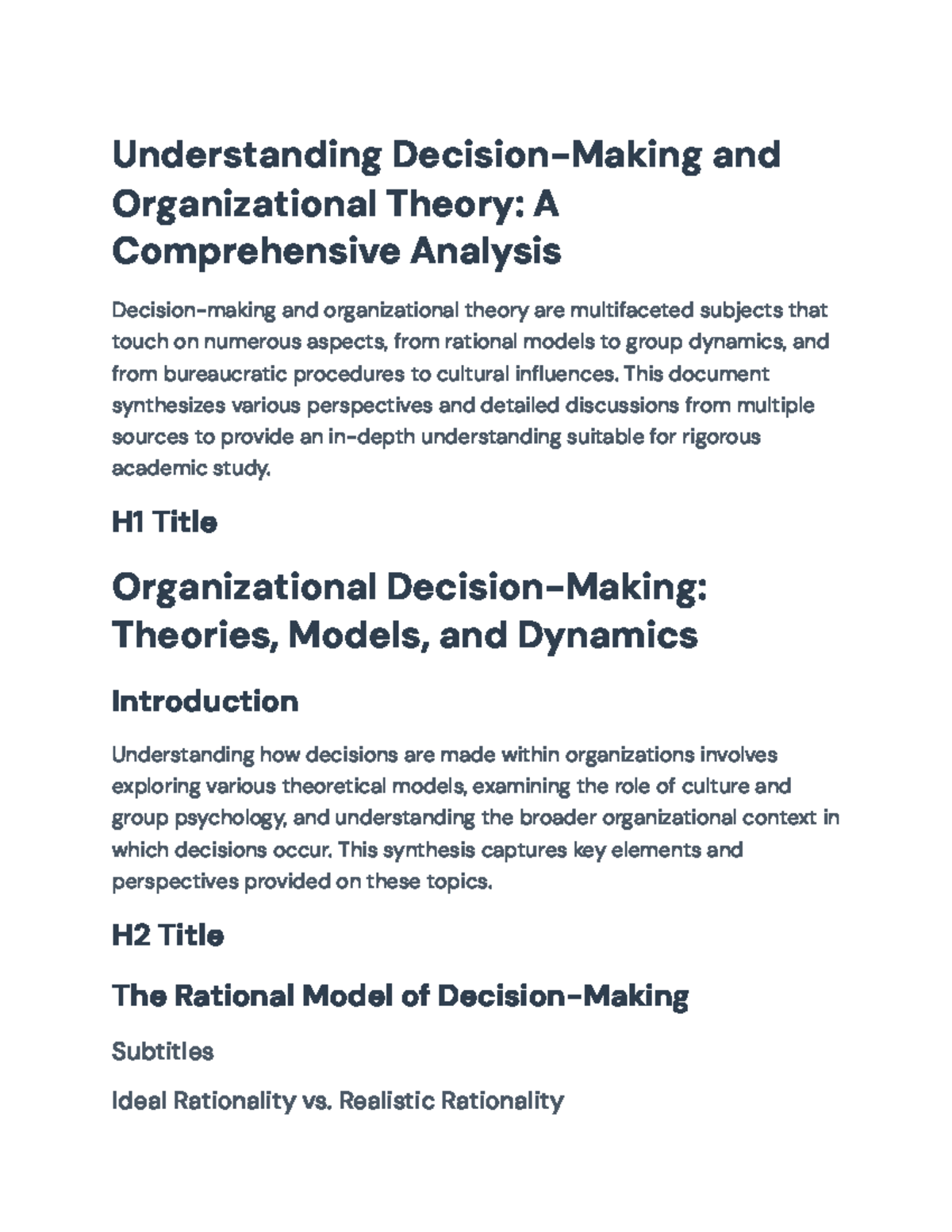 Organizational Decision-Making: Theories, Models, and Dynamics Overview ...