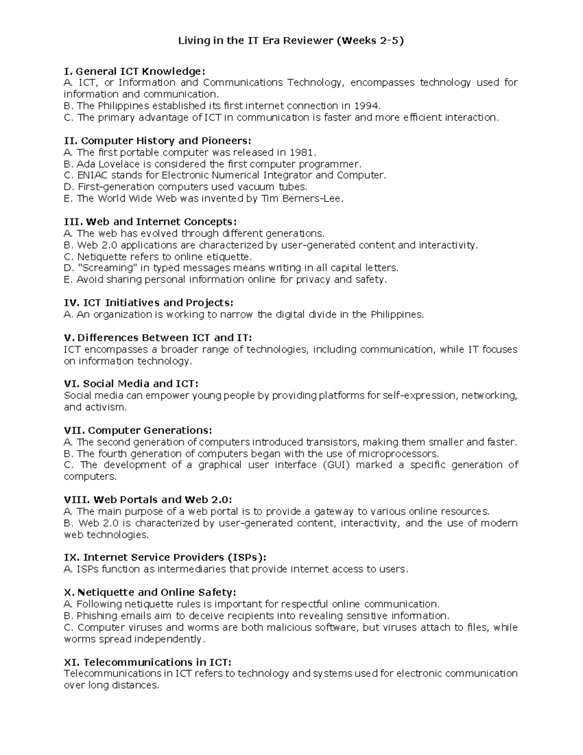 ITE101 Prelim Exam Reviewer: Comprehensive ICT & Computer Concepts ...