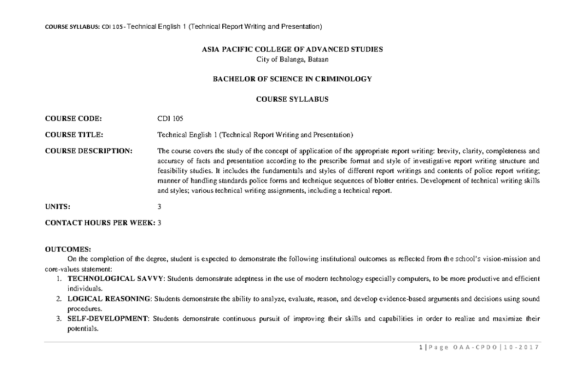 CDI 105: Technical English 1 Syllabus - Report Writing & Presentation ...
