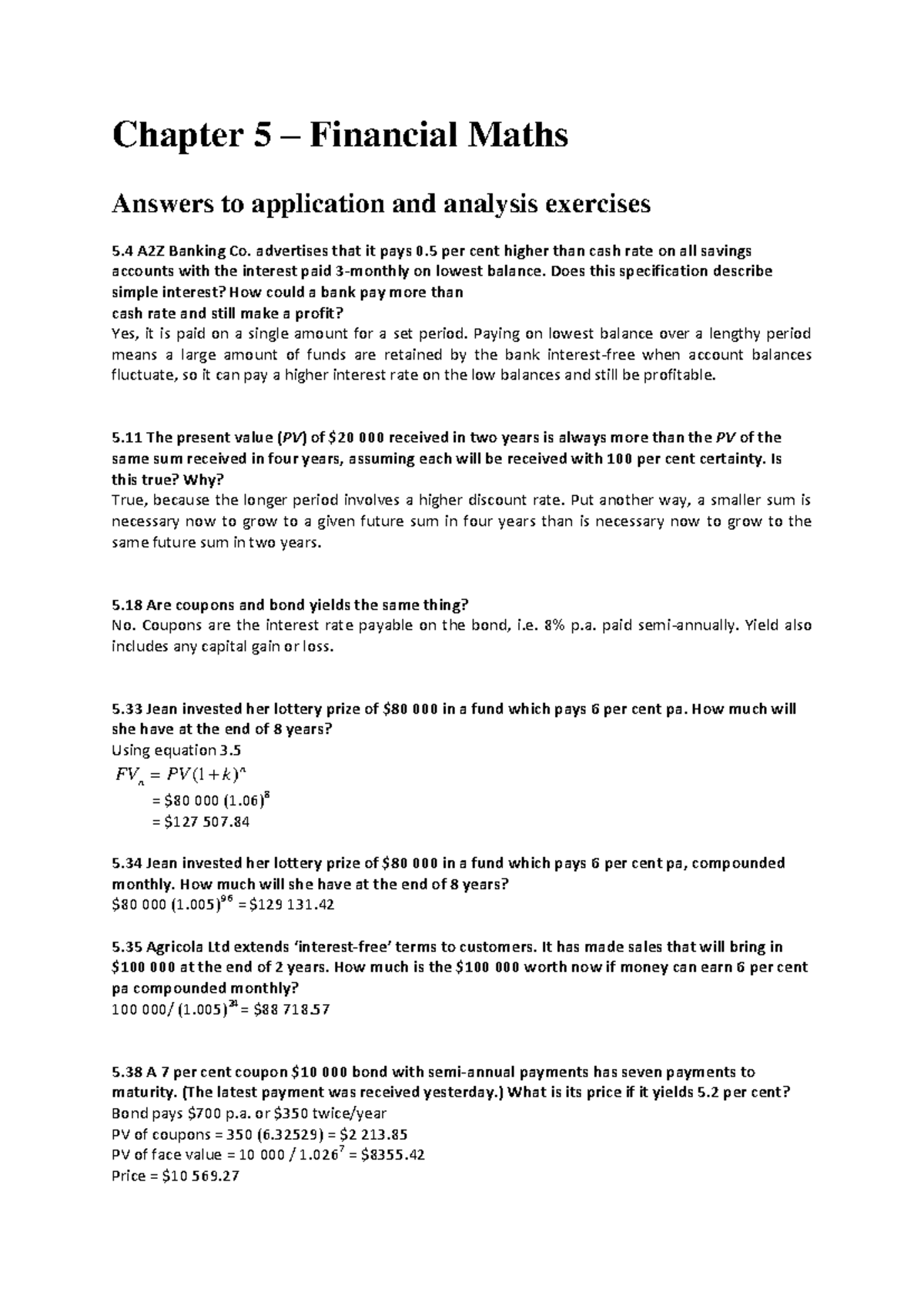 Questions Solutions Chapter 5 - Chapter 5 – Financial Maths Answers to ...