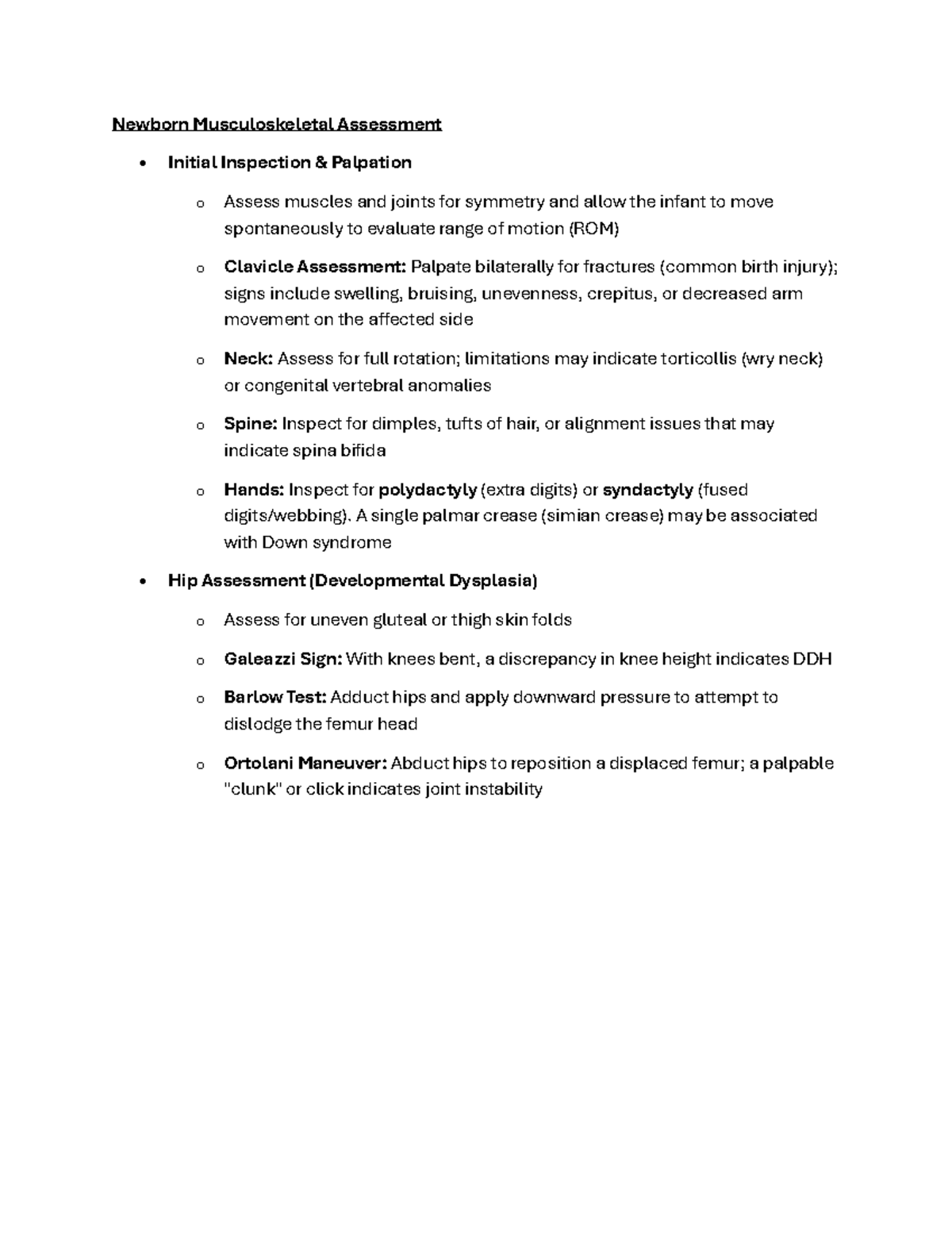 Unit 2 Notes: Newborn Musculoskeletal Assessment and Disorders - Studocu