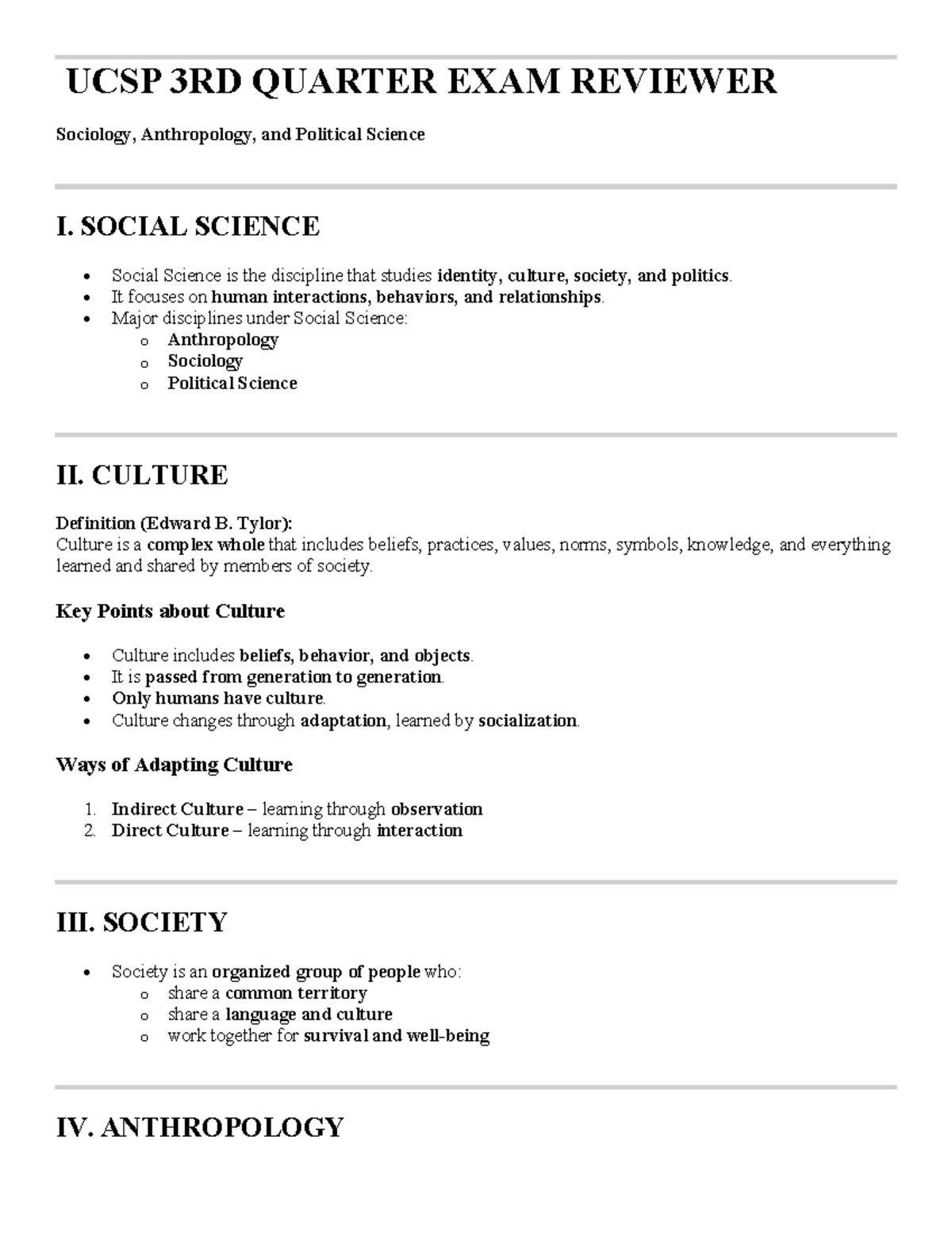 UCSP 3RD QUARTER EXAM REVIEWER: Sociology, Anthropology & Political ...