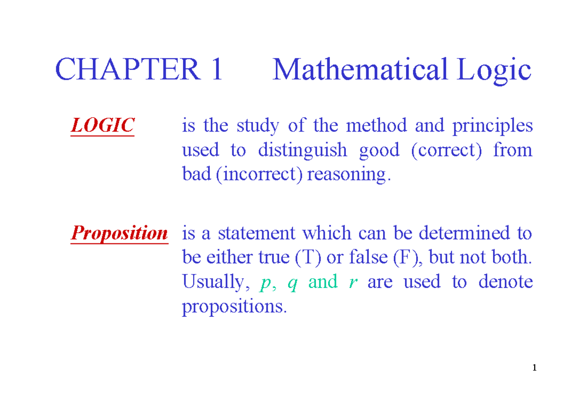 CHAPTER 1 LOGIC: Understanding Propositions and Truth Tables - Studocu