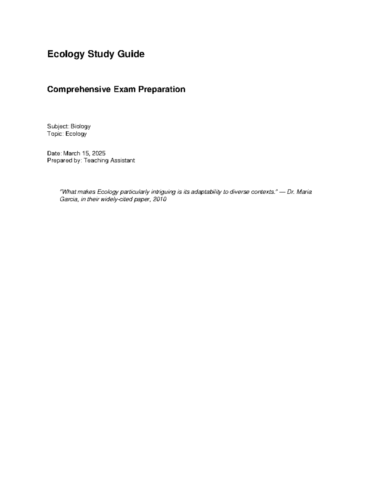 Ecology Study Guide: Comprehensive Exam Prep for Biology 101 - Studocu