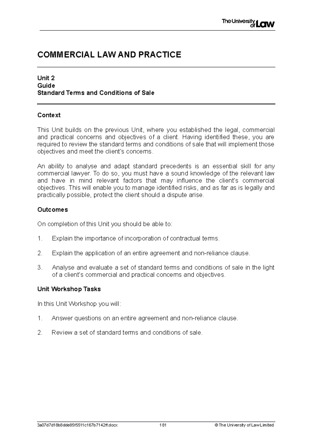 Workshop two Guide - COMMERCIAL LAW AND PRACTICE Unit 2 Guide Standard ...