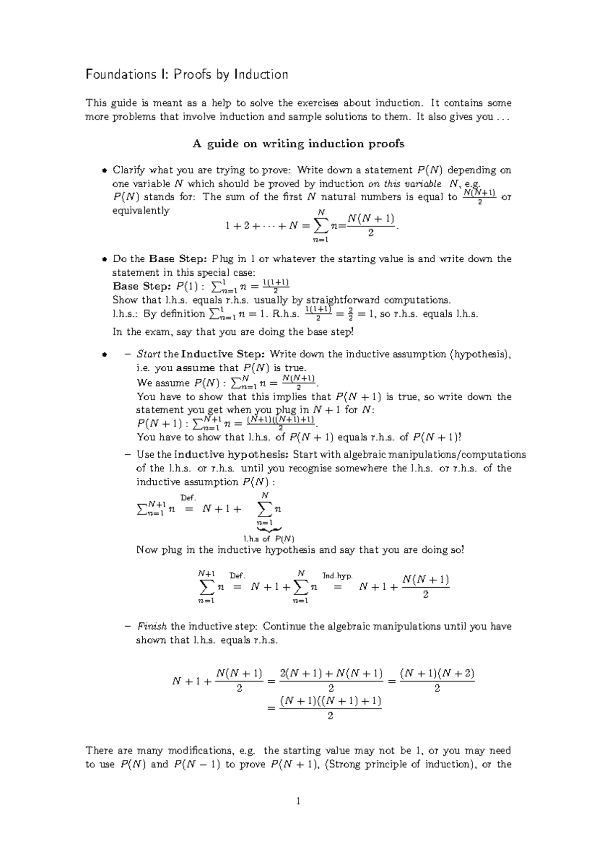 Foundations I - Induction Proofs & Exercises (Problem Sheet 01) - Studocu