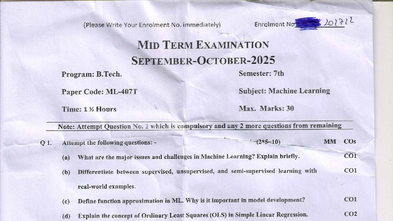 B.Tech 7th Sem Machine Learning Midterm Exam 2025 - Studocu