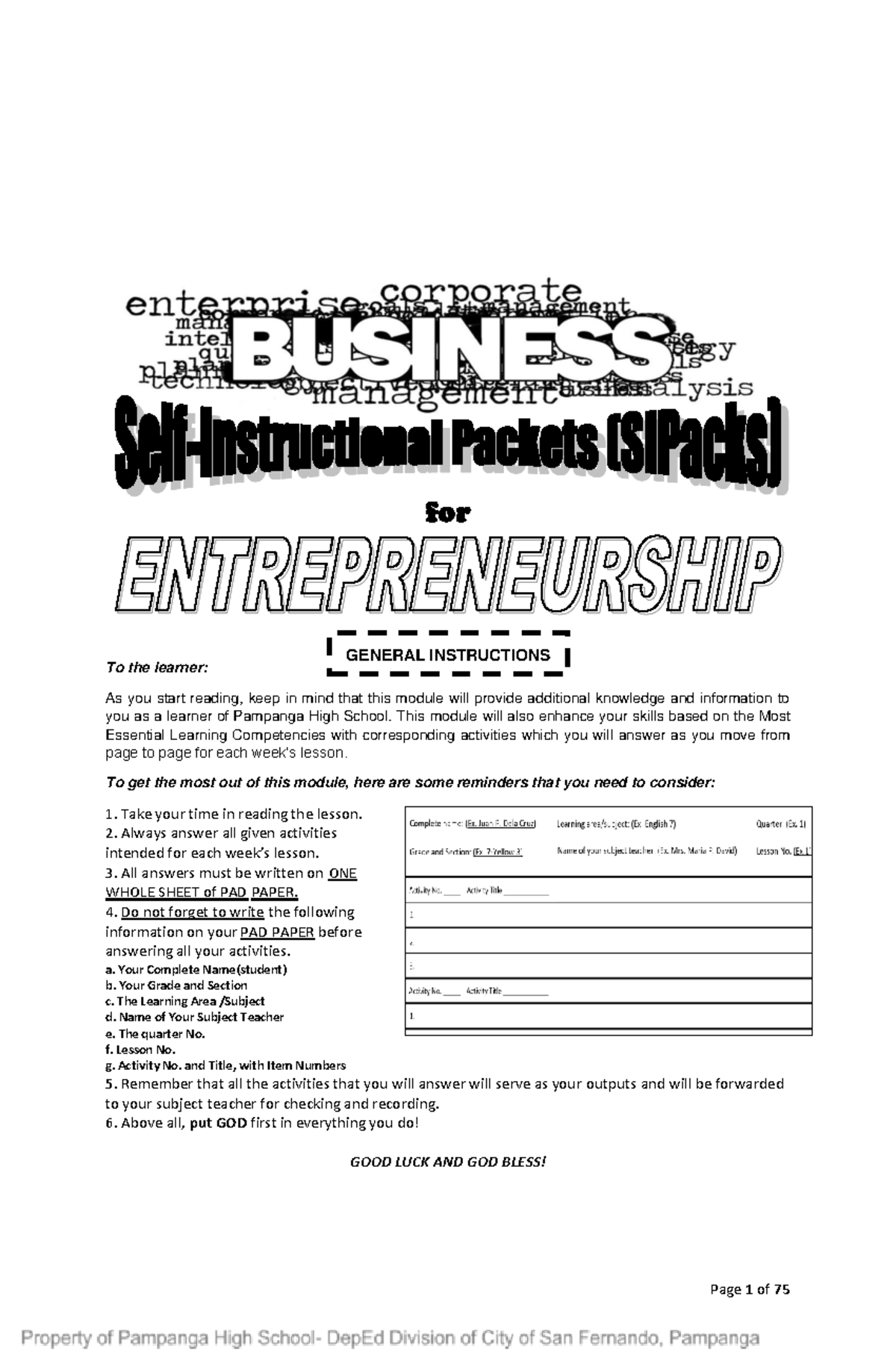 Entrepreneurship - Week 1 watermark - for To the learner: As you start ...