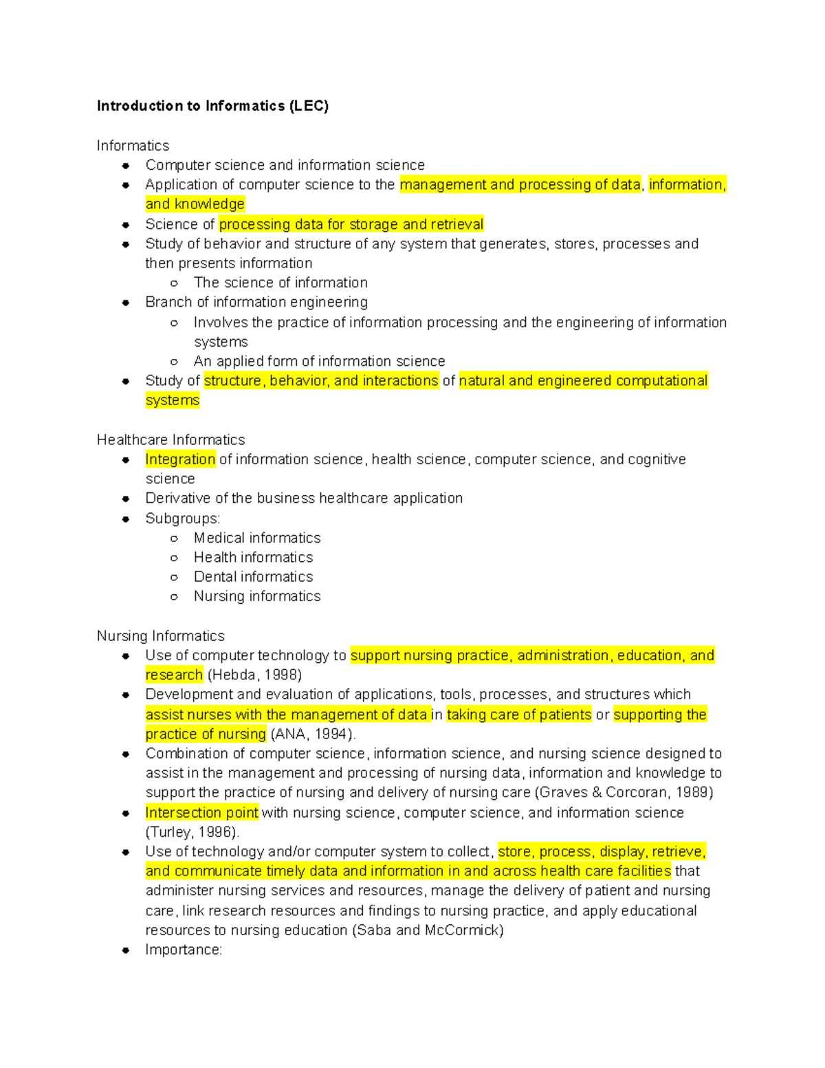 Nursing Informatics (LEC) Overview: Applications, Challenges, and ...