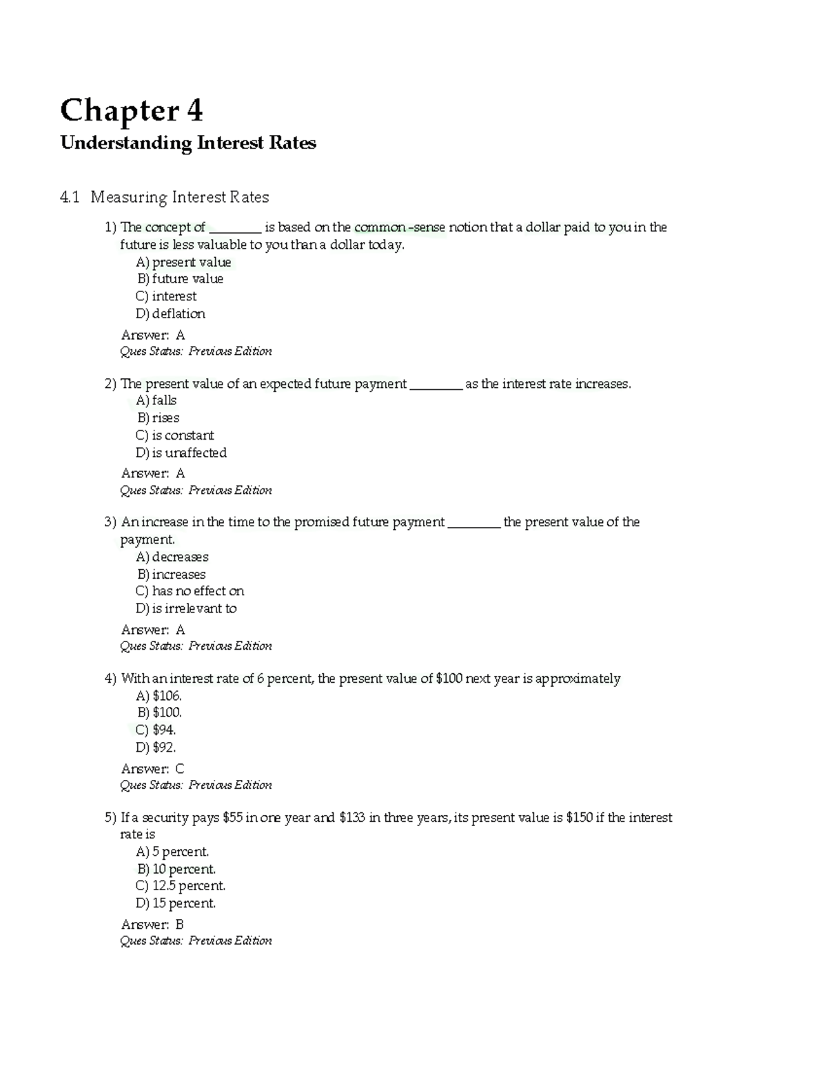 MCQs for Chapter 4: Understanding Interest Rates (Course Code: ECON 101 ...