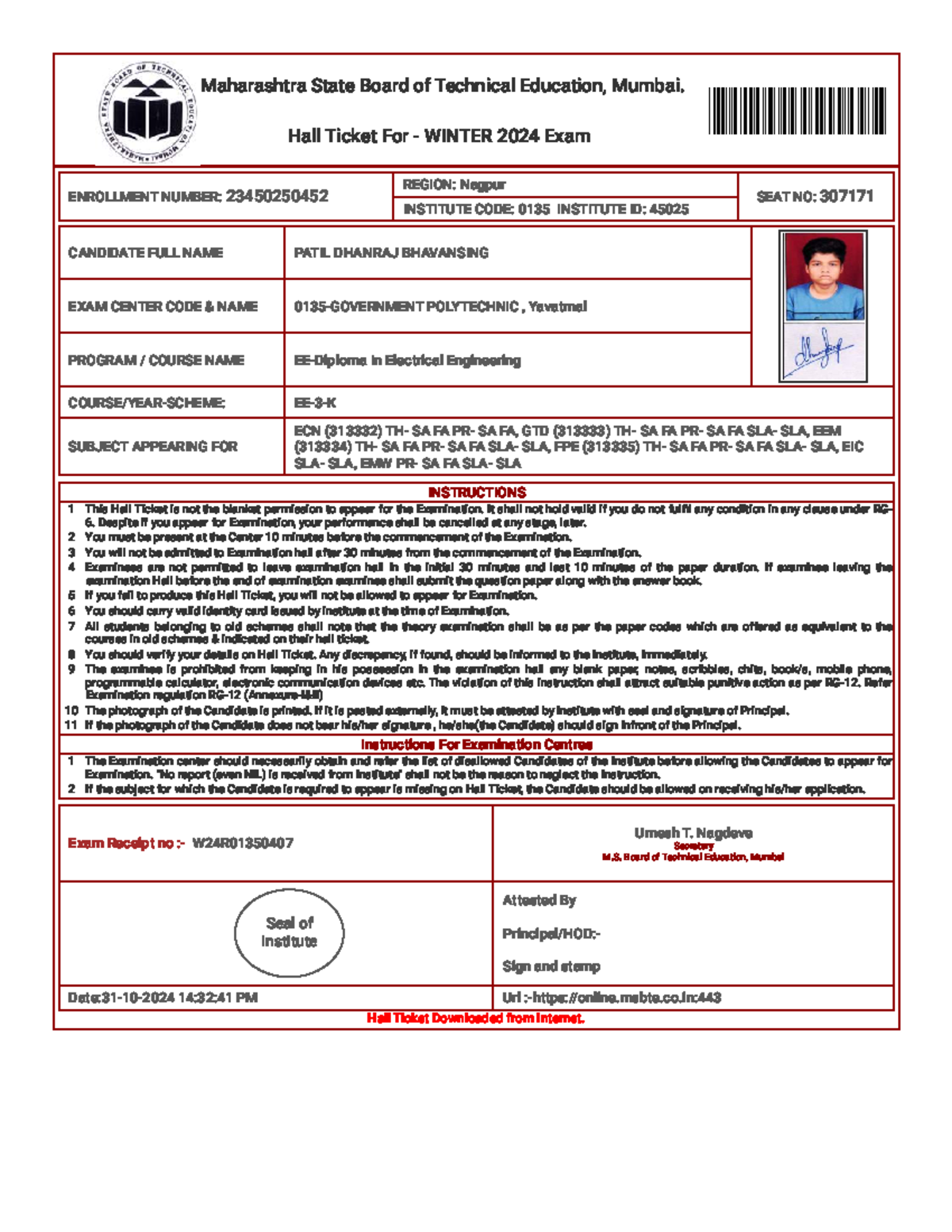 Hall Ticket for Electrical Engineering Exam - WINTER 2024 (Code: 0135 ...
