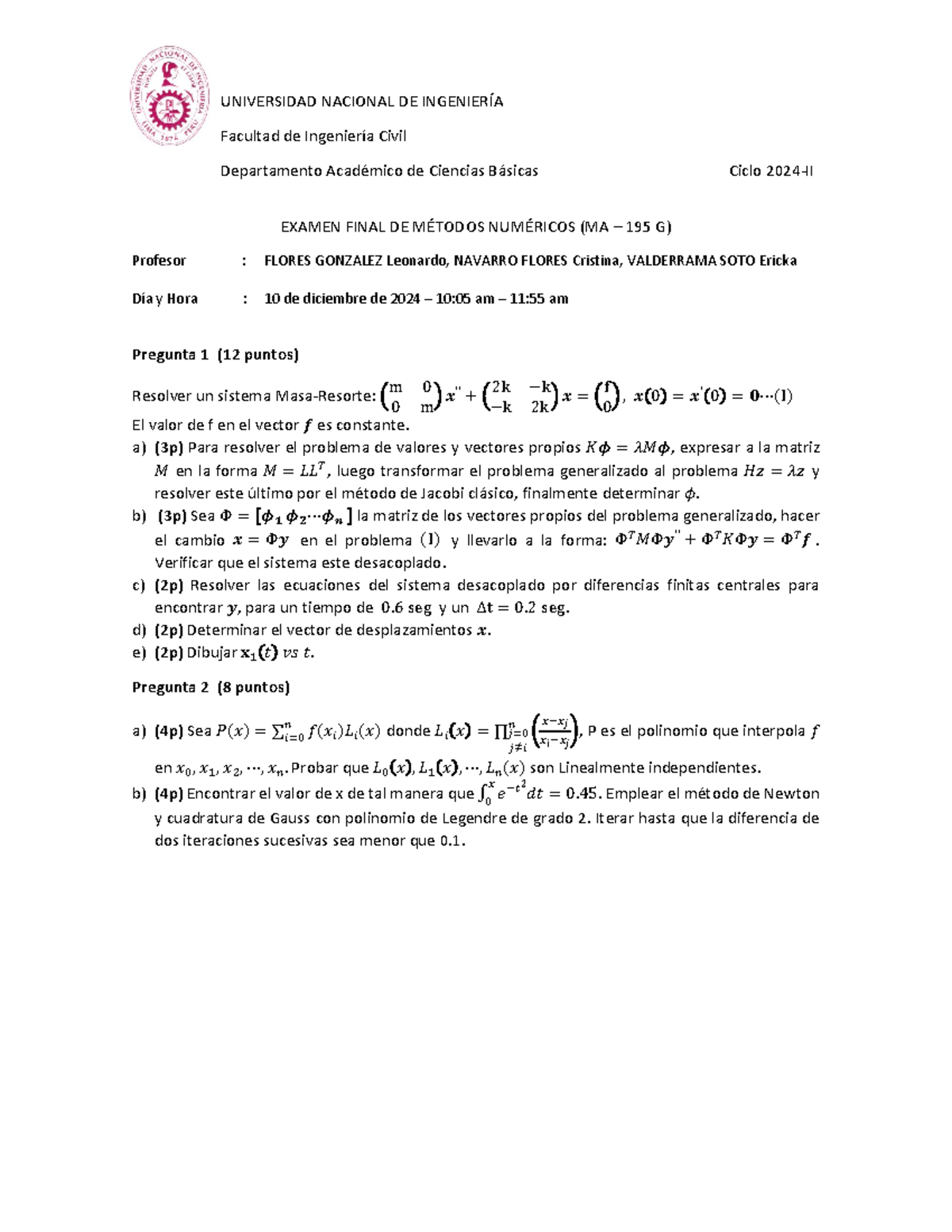 Examen Final MA195: Métodos Numéricos Ciclo 2024-II - Studocu