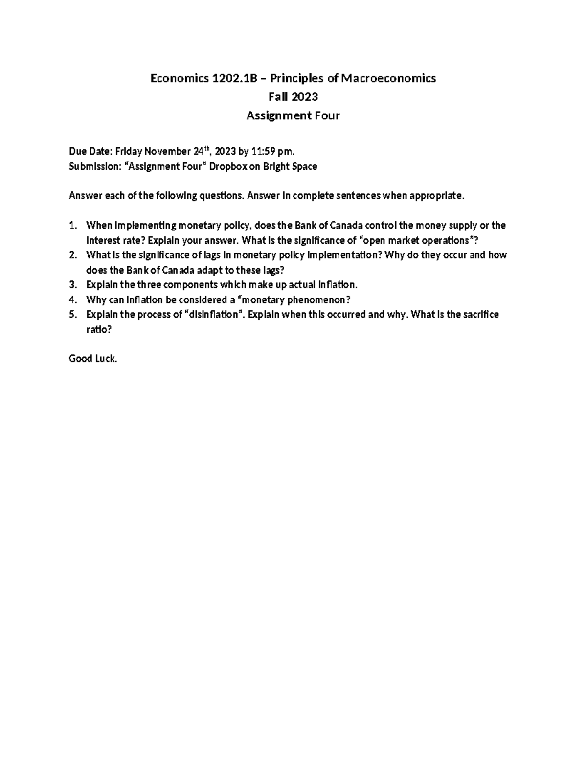 A4 - ECON 1202.1B Principles of Macroeconomics Assignment Four - Studocu