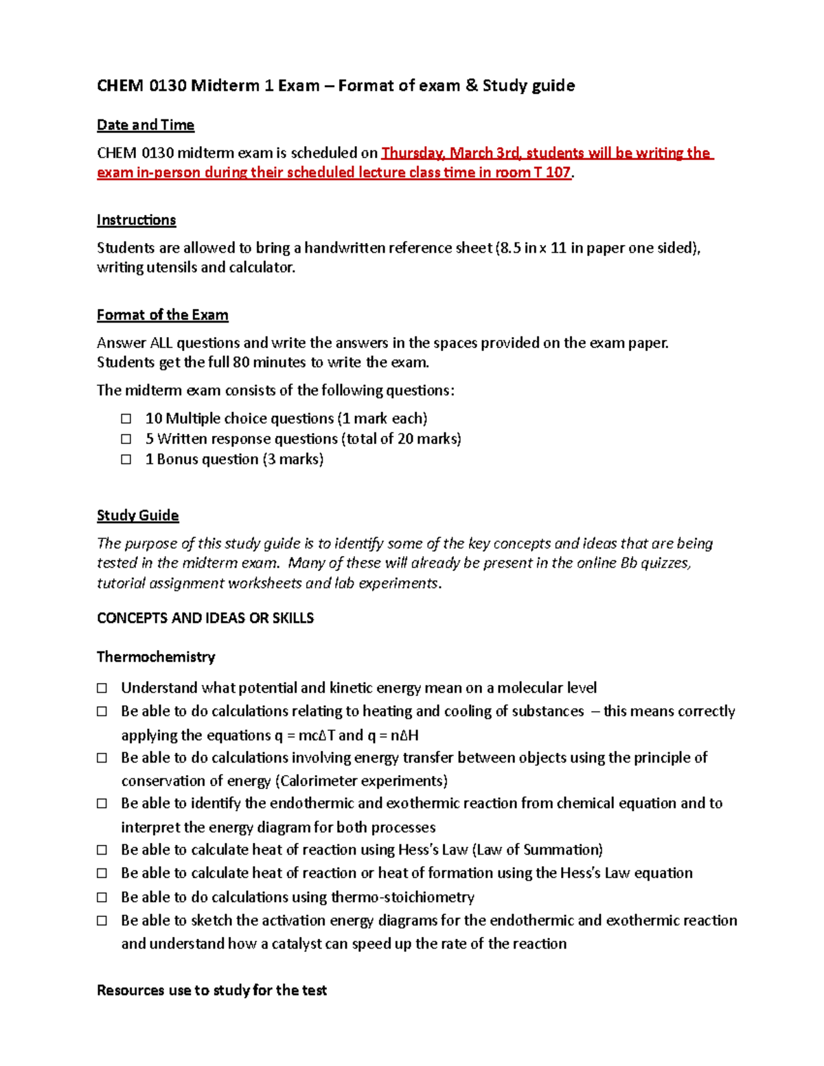 CHEM 0130 Midterm 1 Study Guide and Exam Format - Studocu
