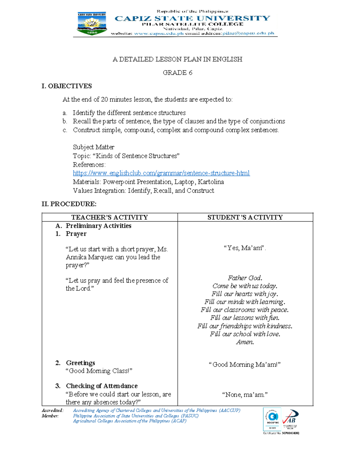 A Detailed Lesson Plan in English 6: Sentence Structures Explained ...