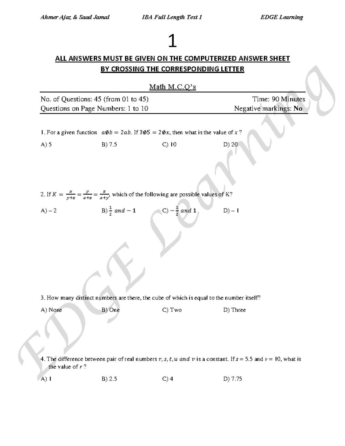 Final Exam IBA Test 6 (2022 R2) - Comprehensive Math MCQs - Studocu