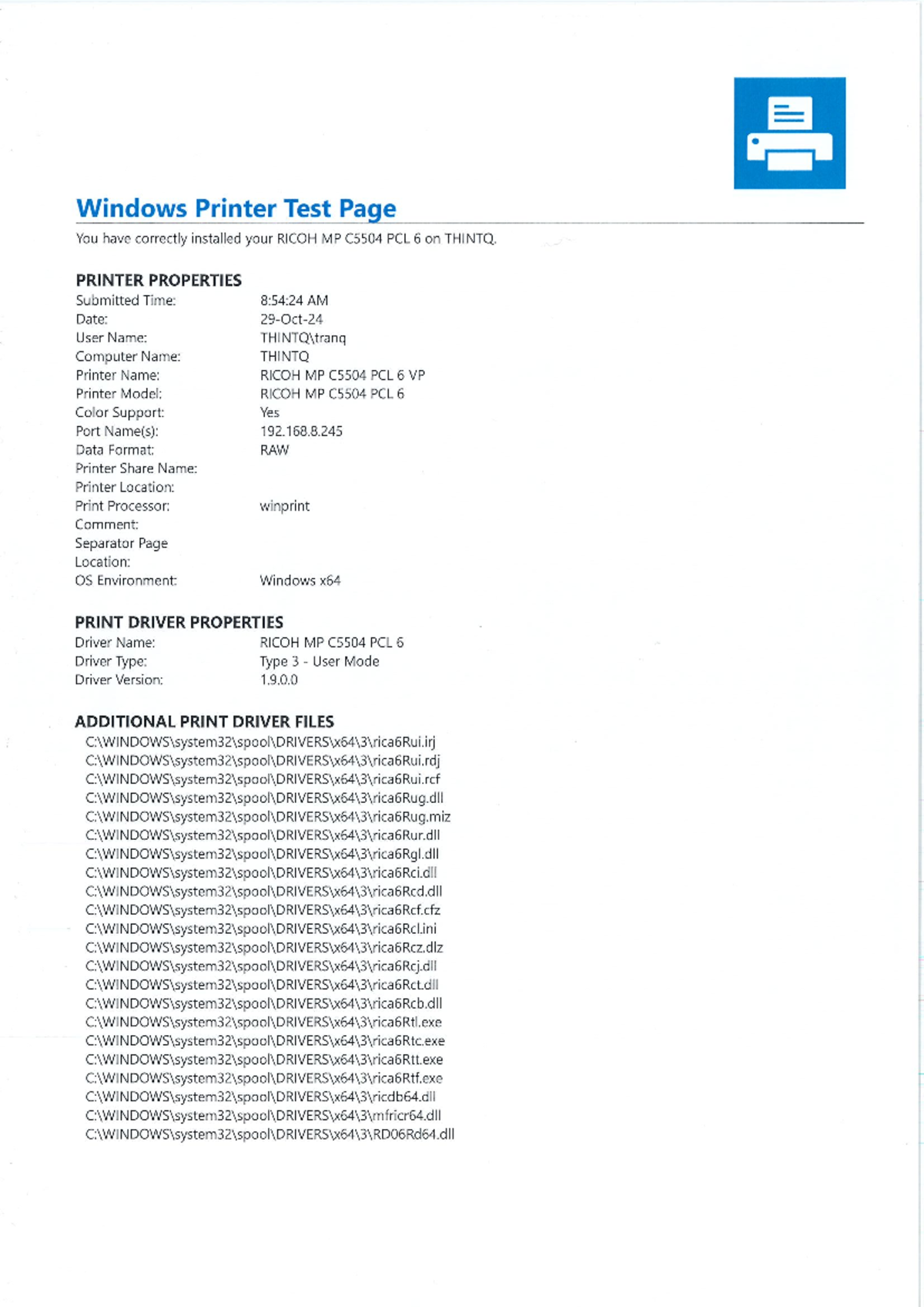 RICOH MP C5504 PCL 6 Printer Test Page - Installation Details - Studocu
