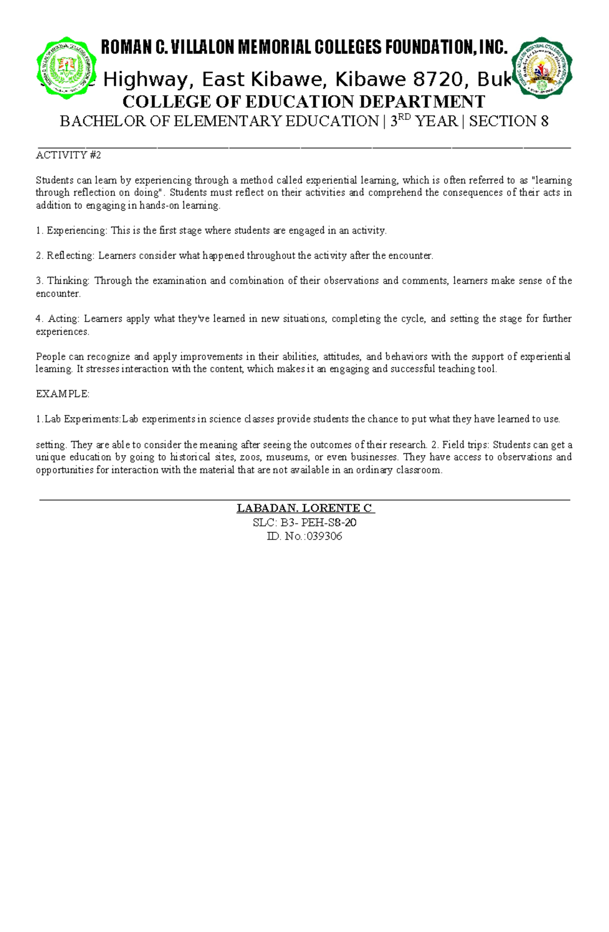 P.E. Activity Template: Experiential Learning Reflection Guide - BEE ...