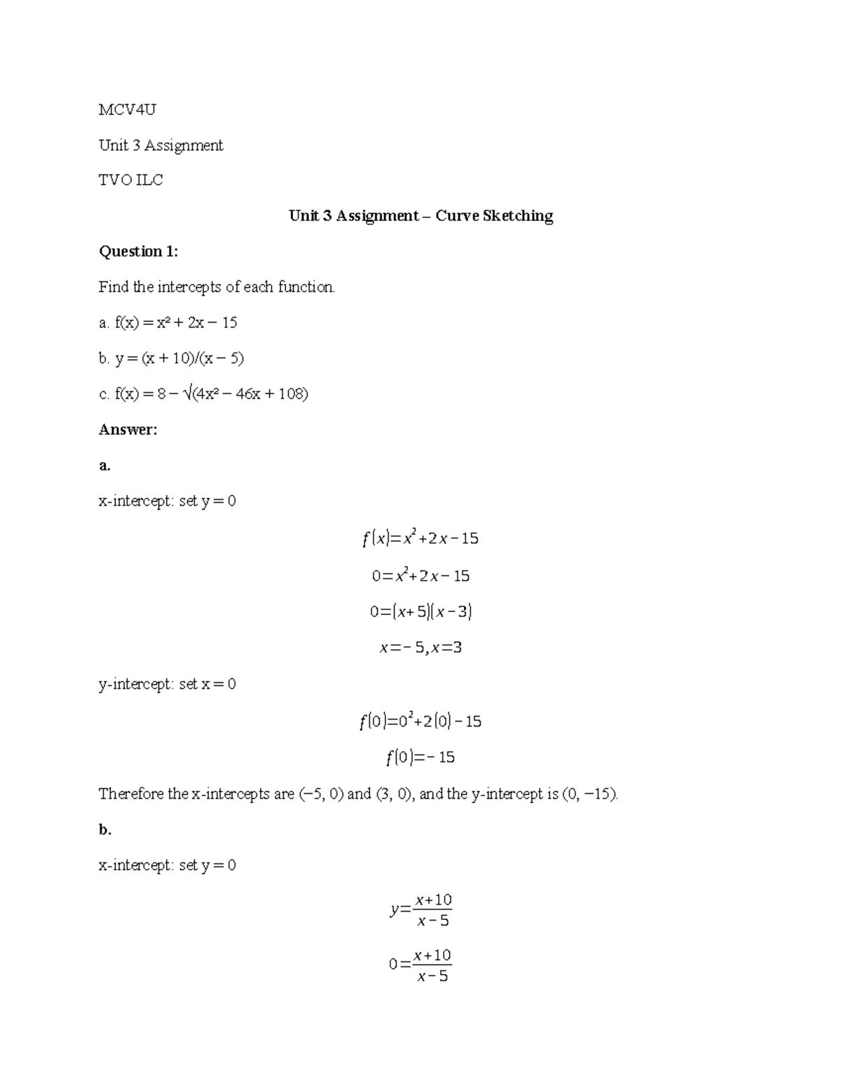 Calculus MCV4U Unit 3 Curve Sketching Assignment Notes - Studocu